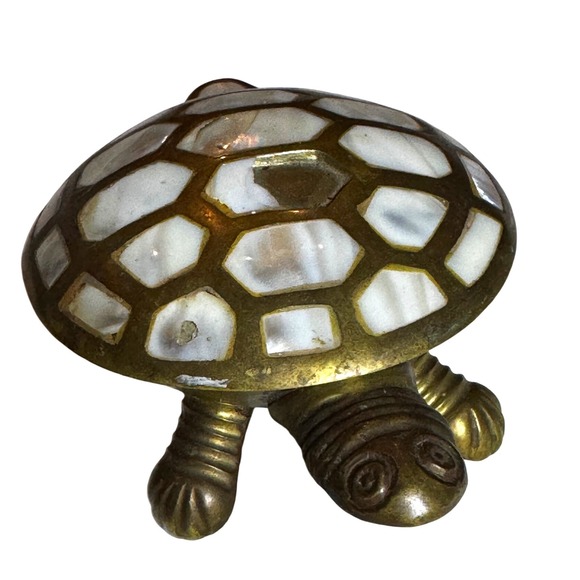 Accents | Vintage Brass Mother Of Pearl Inlay Trinket Box Turtle ...